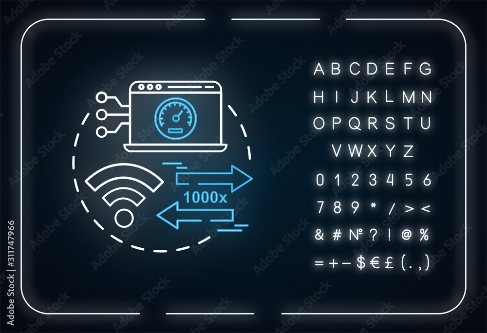 1000x bandwidth neon light concept icon. 5G technologies idea. Mobile ...