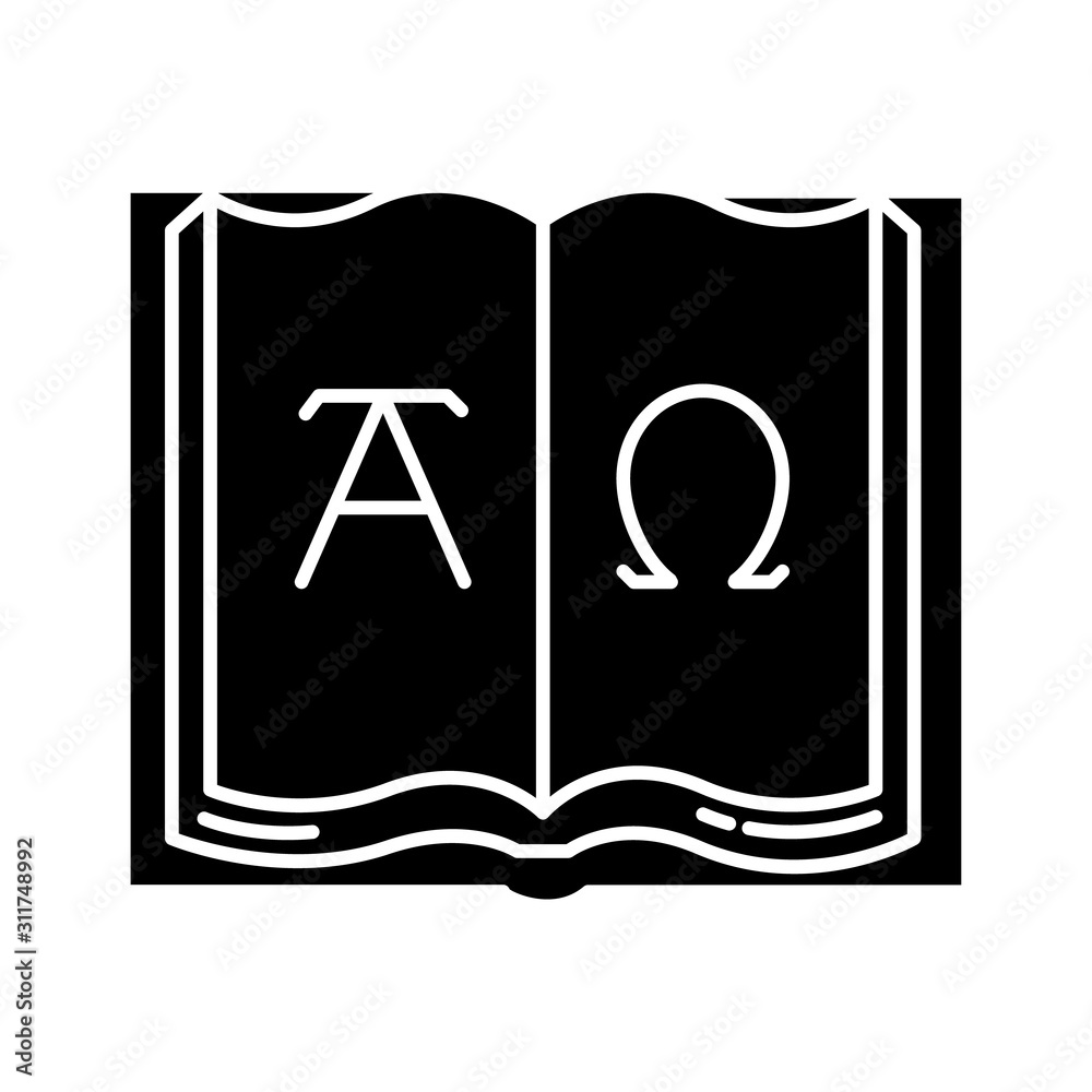 Alpha and Omega glyph icon. Beginning and end. Open book with letters ...