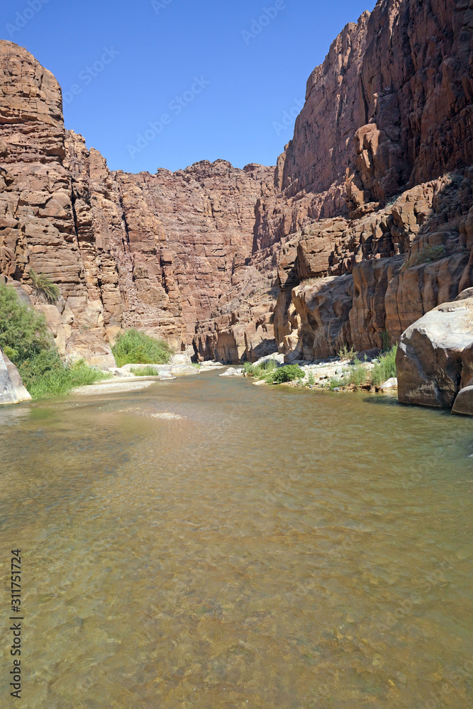 Jordan January 2019 Tourists in Wadi Mujib is a gorge in Jordan which ...