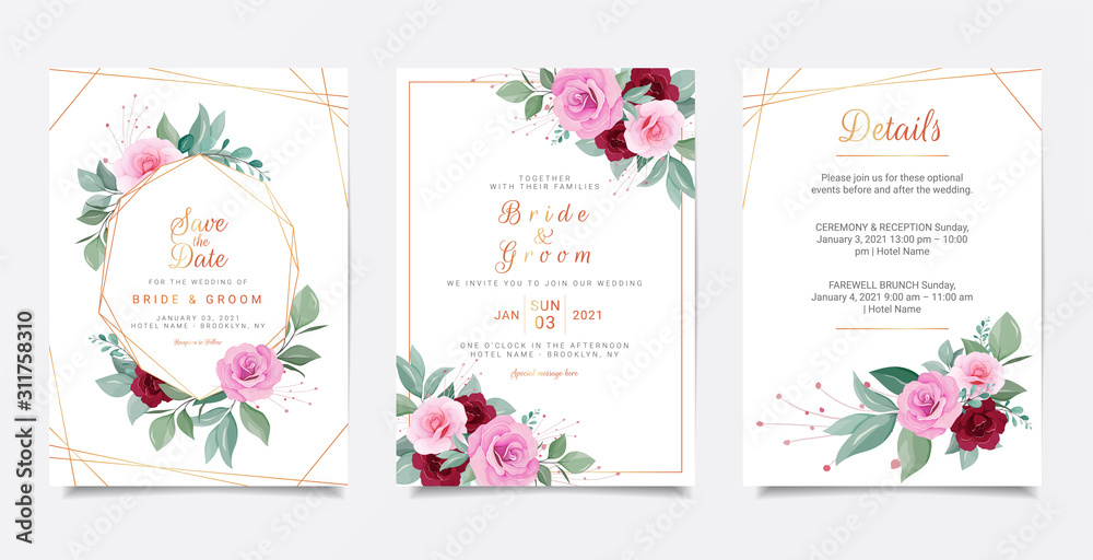 Wedding invitation card template set with geometric floral frame and ...