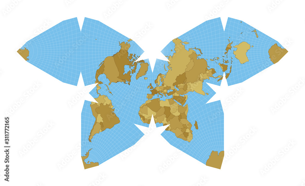 World Map. Steve Waterman's butterfly projection. Map of the world with meridians on blue ...