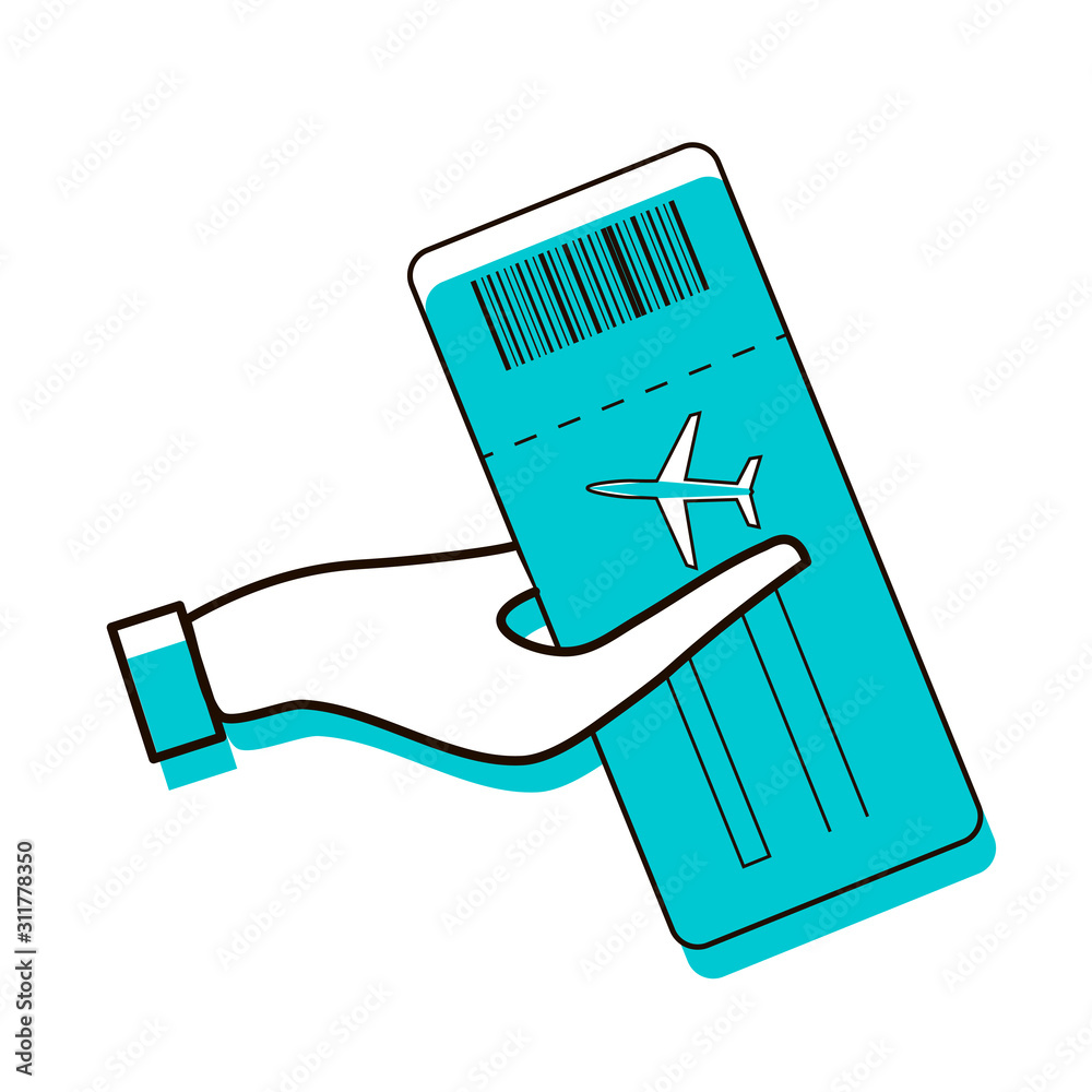 Hand holds airplane ticket. Passage of registration. Code scanning ...