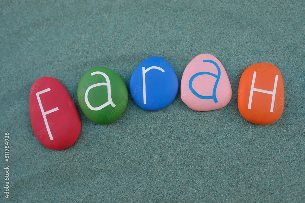 Farah, female given name composed with multi colored stone letters over ...