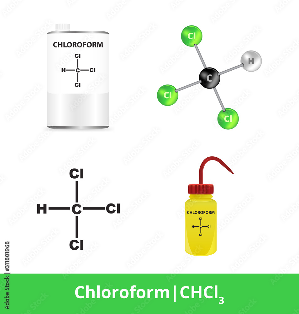 Vector chemical set with chloroform or trichloromethane CHCl3. Metal ...