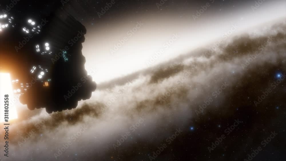 Spaceship flies through a galaxy in space. Billions of stars in the ...