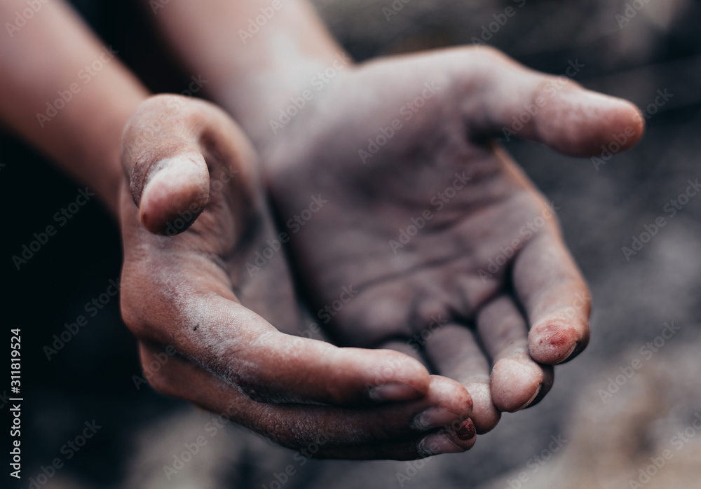 poor child or beggar begging you for help sitting at dirty slum ...