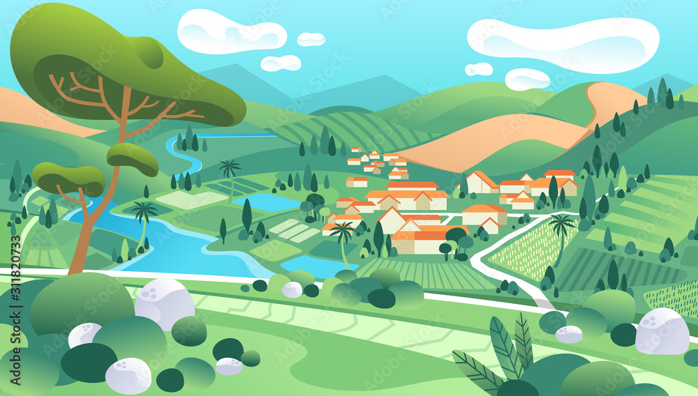 country landscape illustration with houses, river, mountain, trees and ...
