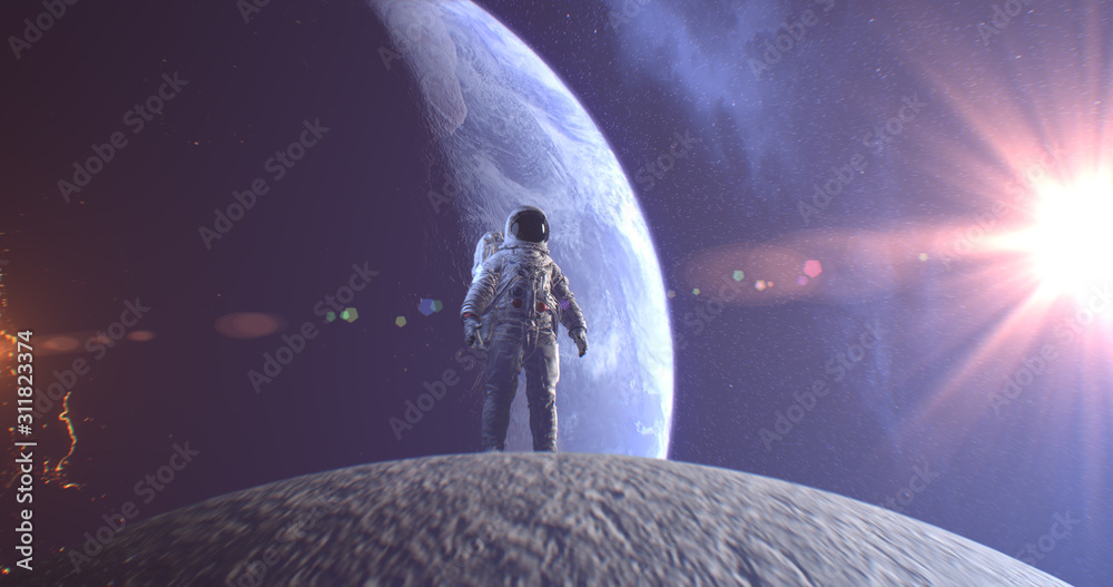 Astronaut Neil Armstrong, spacewalk on the Moon surface watching planet ...