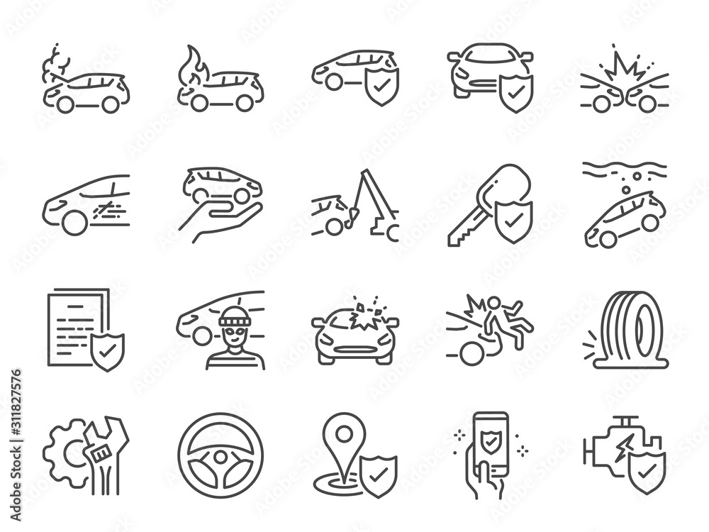 Car insurance icon set. Included icons as emergency, risk management ...