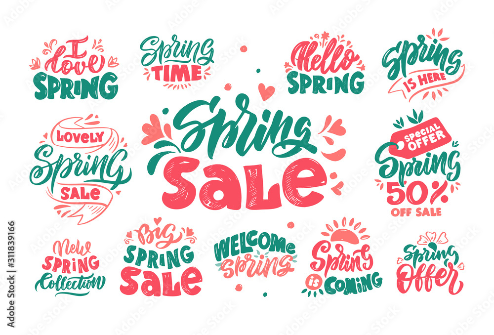 Spring sale lettering hand drawn vector logos set. Seasonal sellout ...
