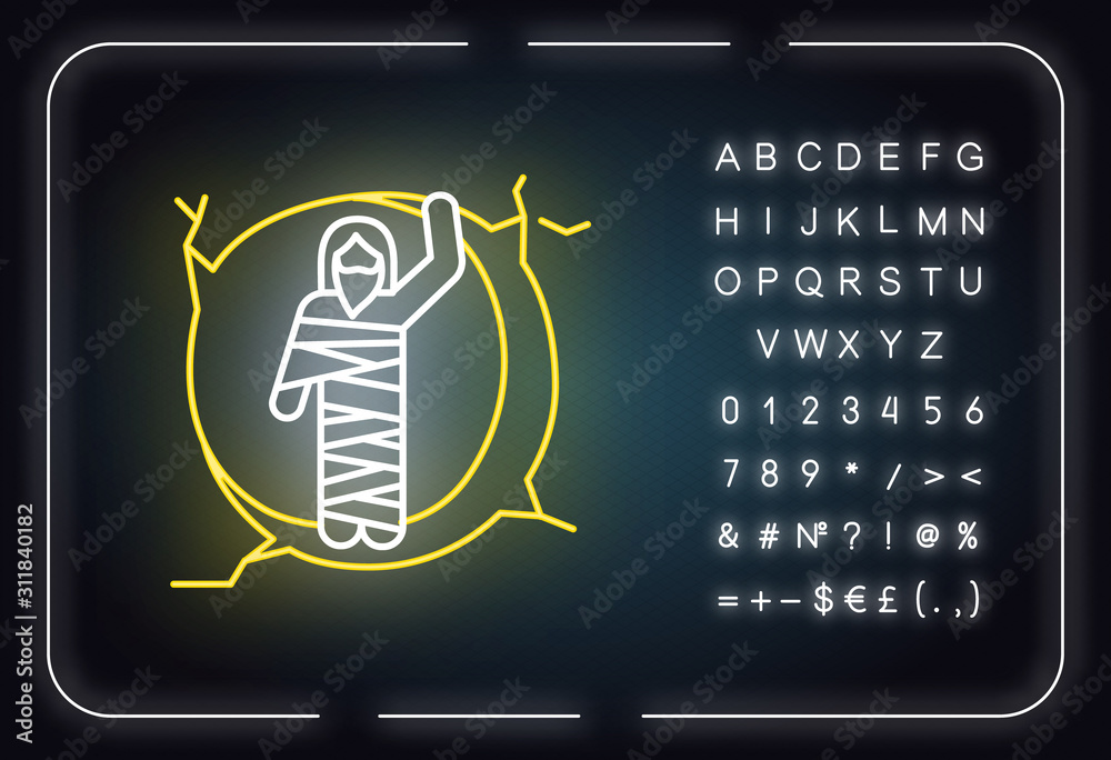 Raising of Lazarus neon light icon. Christ resurrection from tomb. Man ...
