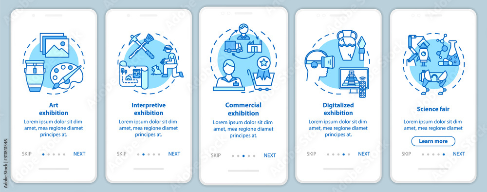 Exhibition and museum onboarding mobile app page screen vector template ...