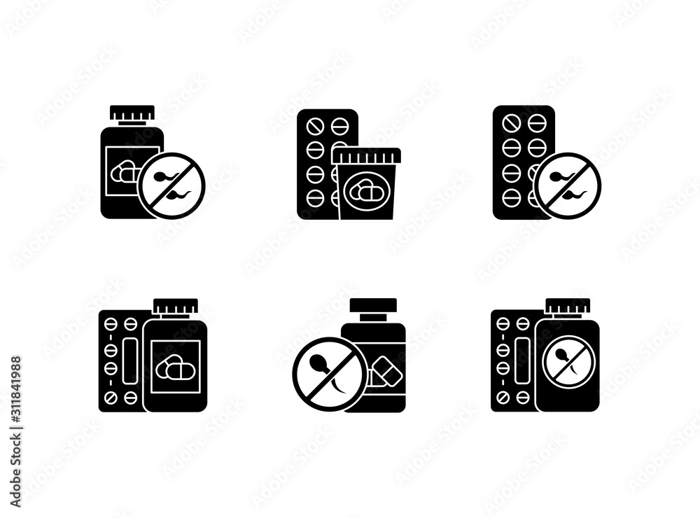 Birth control glyph icons set. Medication and pills. Unwanted pregnancy ...