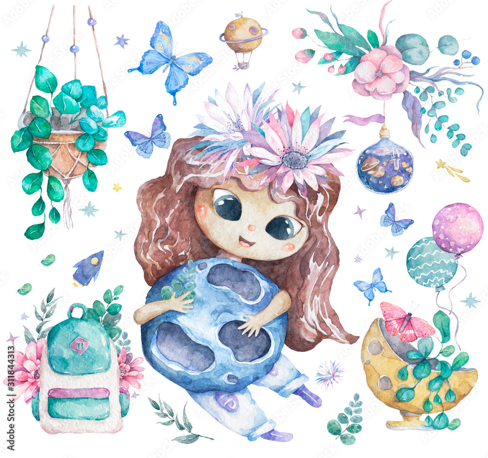 Cute watercolor romantic girl with brown hair on flowers in head and ...