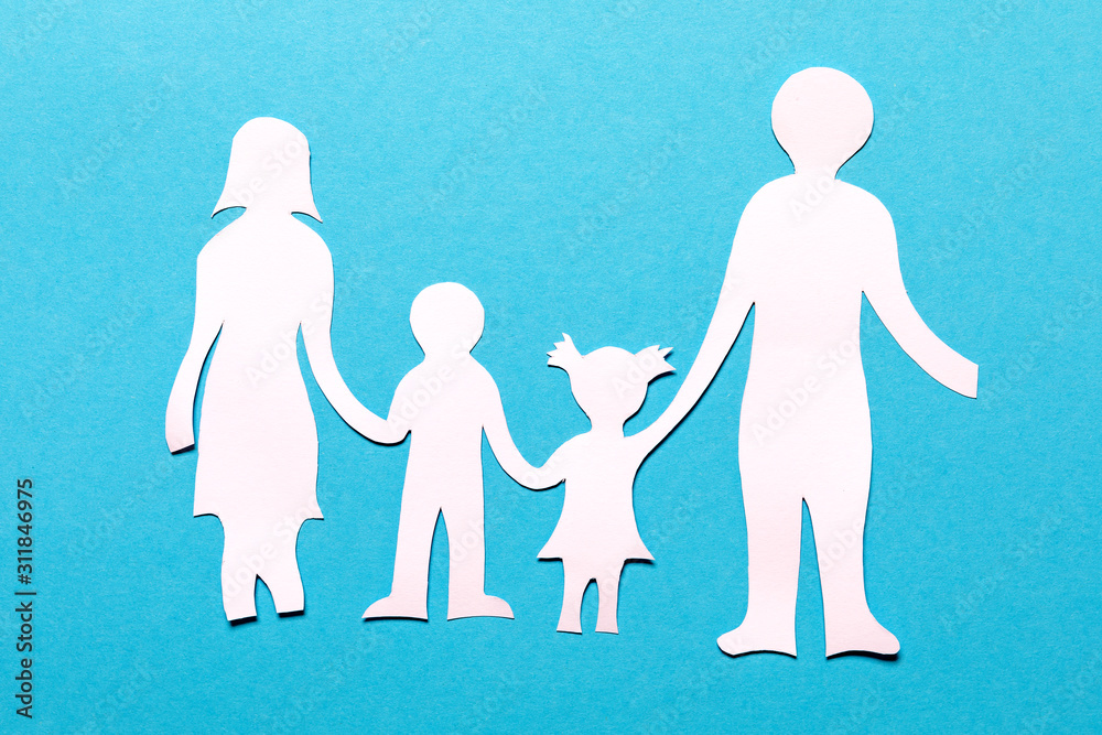 Family paper chain cutout holding hands on the blue background Stock ...