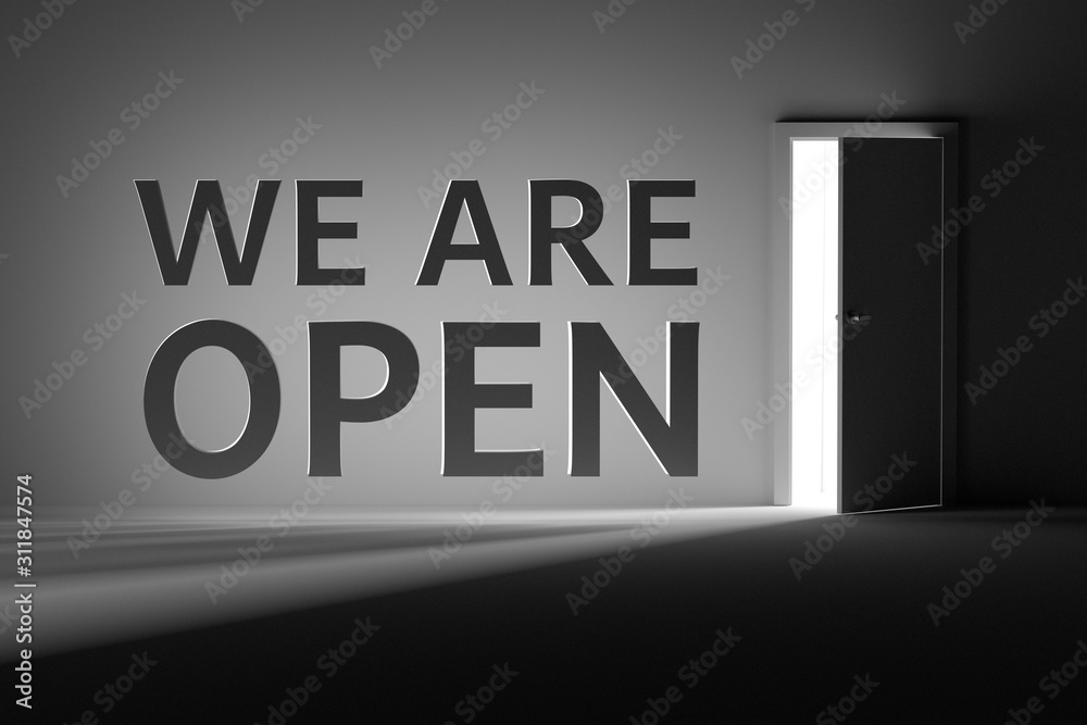 Large bold words We Are Open flying in a dark room with opened doors ...