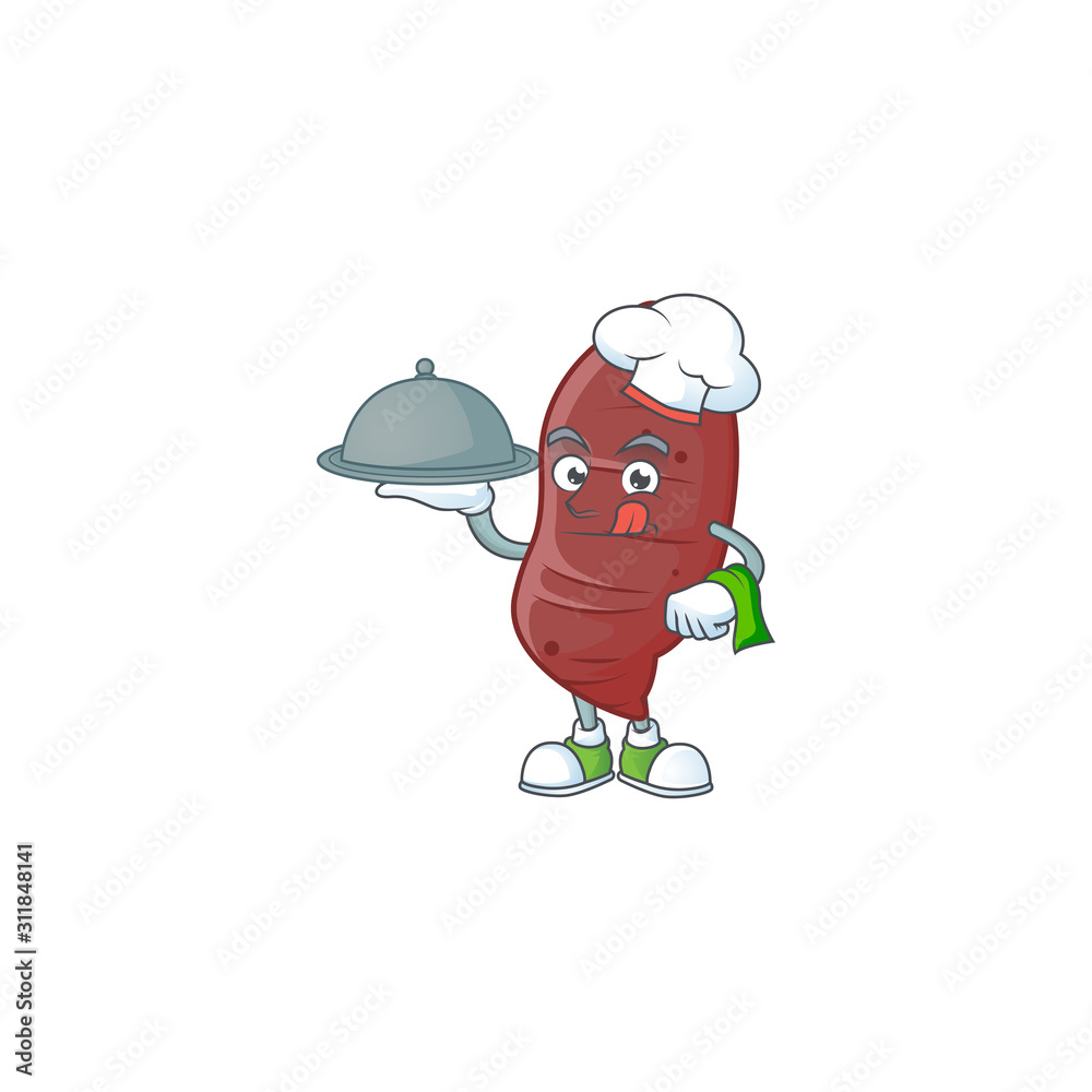 Cute sweet potatoes as a Chef with hat and tray cartoon style design ...
