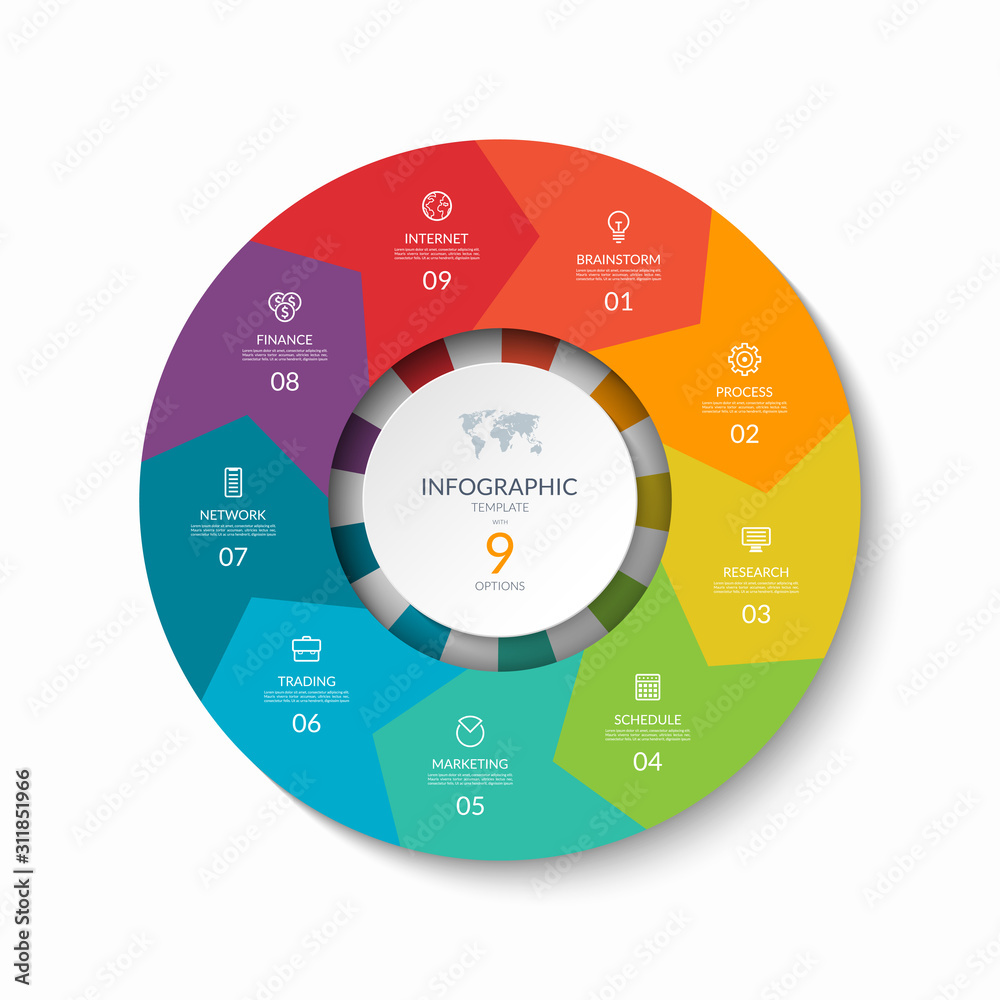 Infographic process chart. Design template with 9 circular arrows ...