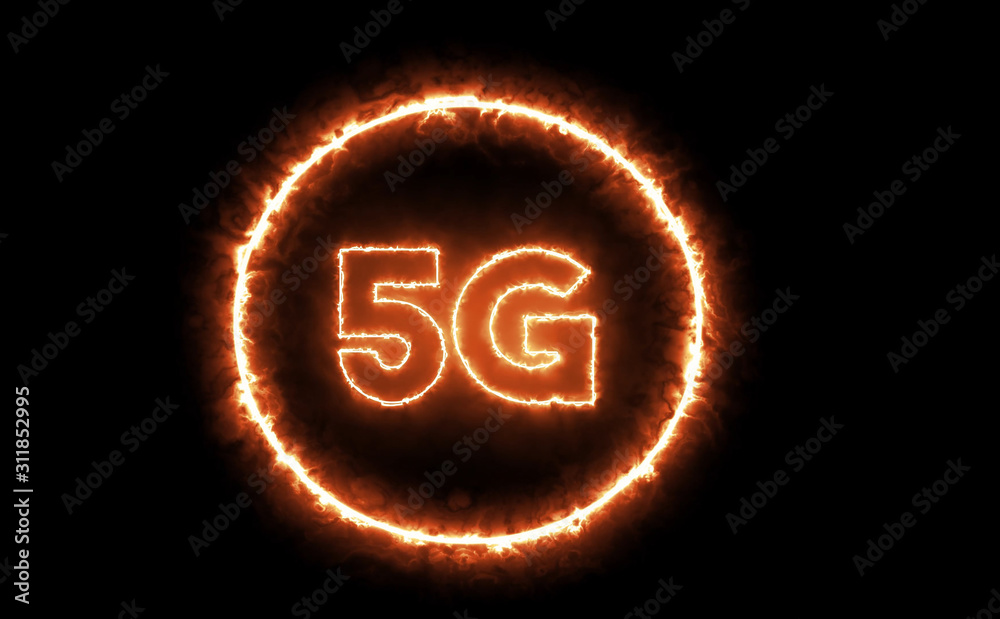 Neon, burning, fire style symbol of speedy internet "5G". Wireless ...