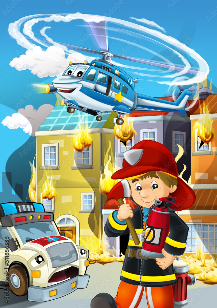cartoon scene with fireman working near some ambulance and building is ...