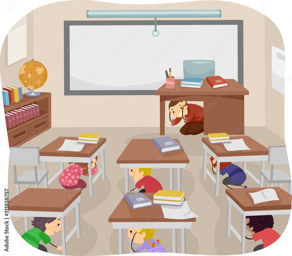 Stickman Kids Classroom Earthquake Drill Man Stock Vector | Adobe Stock