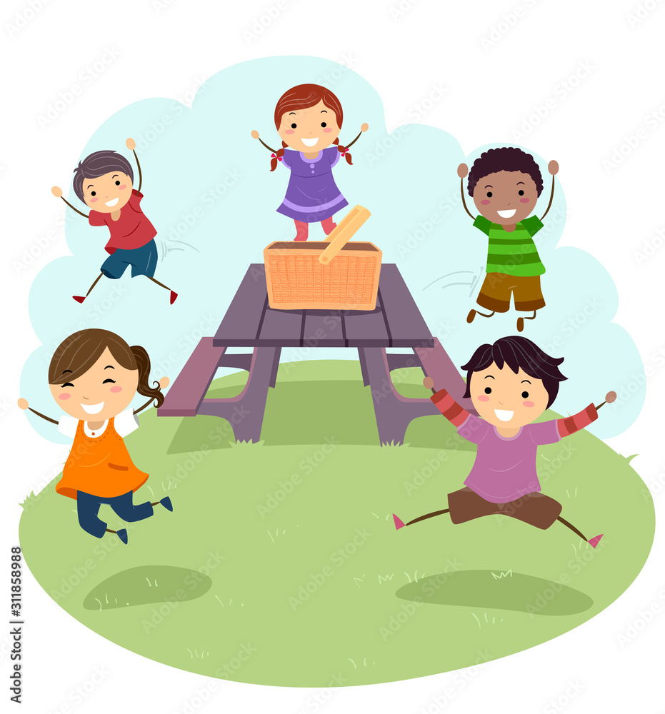 Stickman Kids Picnic Table Jump Illustration Stock Vector | Adobe Stock