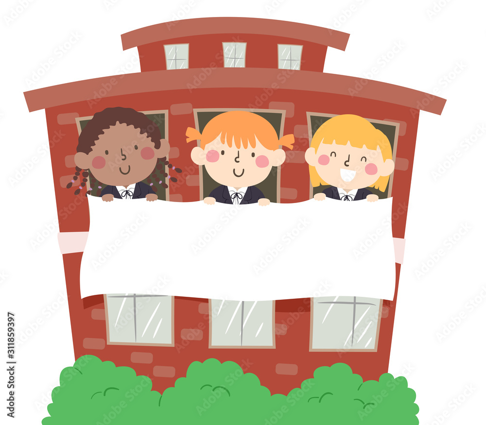 Kids Girls School Building Banner Illustration Stock Vector | Adobe Stock