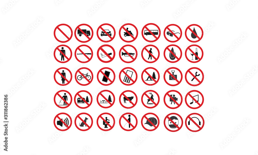 Most used Set of Prohibited, Forbidden, No Stop Red warning signs ...