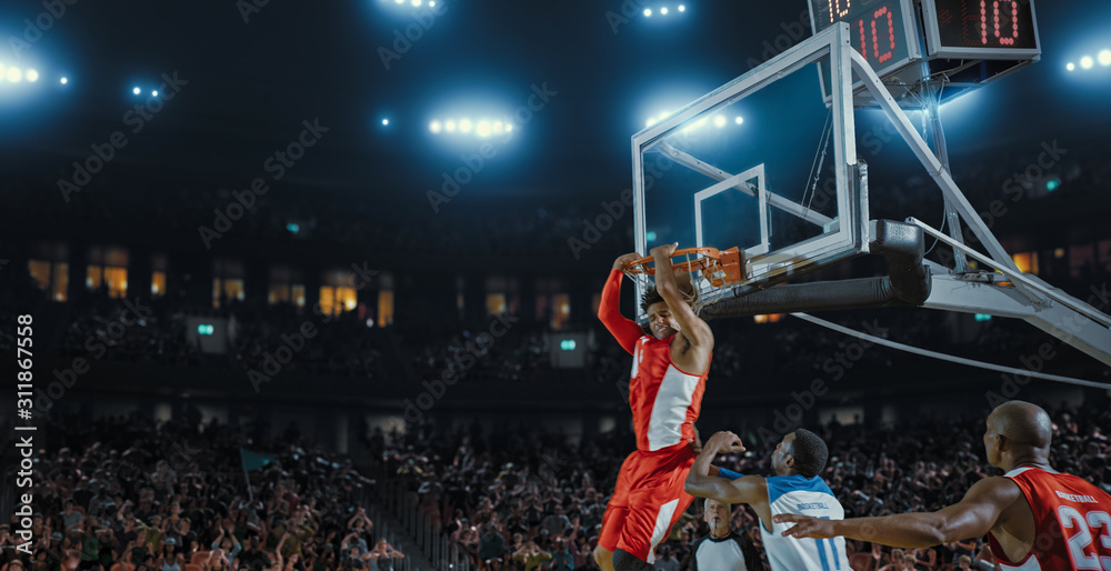 Basketball players on big professional arena during the game. Tense ...
