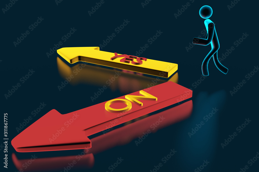 3d man with arrows YES NO in different directions. Arrows with ...