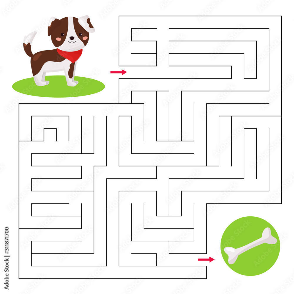 Educational maze game for kids. Funny kawaii dog and bone. Vector ...