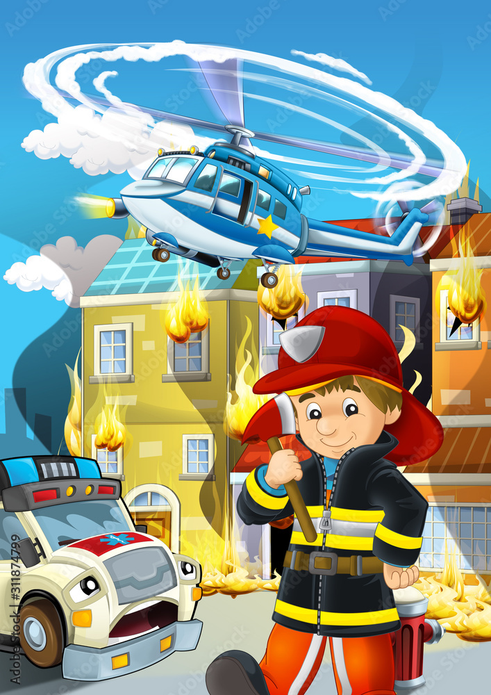 cartoon scene with fireman working near some ambulance and building is ...
