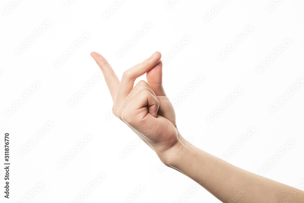 Human hand in snapping finger gesture isolate on white background Stock ...
