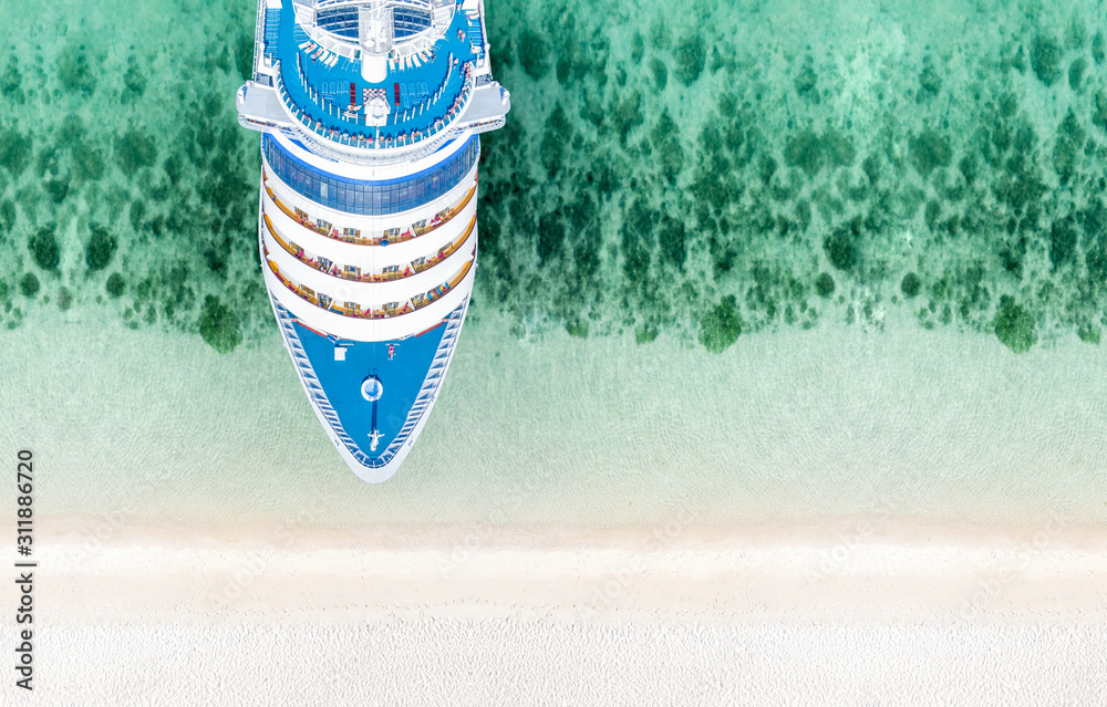 Aerial top view of beautiful white cruise ship luxury cruise at the sea ...