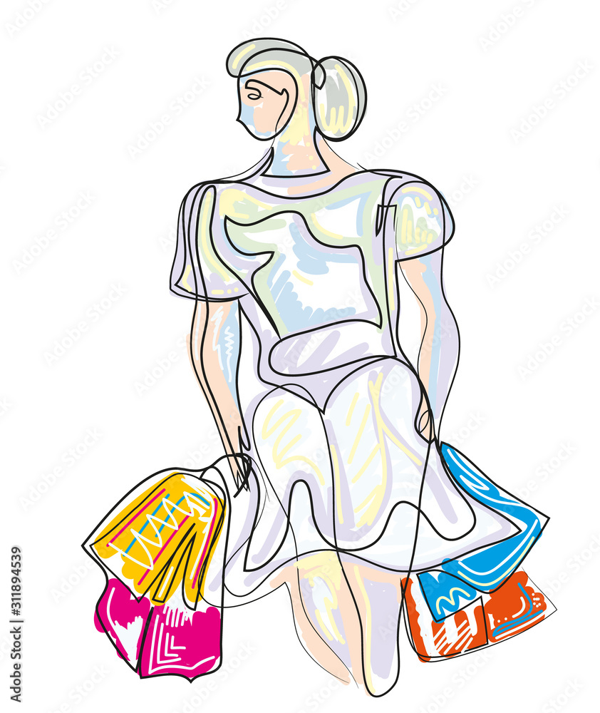 One continuous line drawing of Shopping woman. Simple line art drawing of Shopping woman. Stock ...