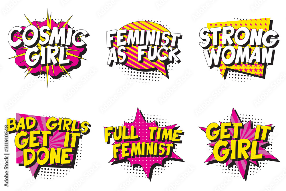 set of feminist slogans in retro pop art style in comics speech bubbles ...