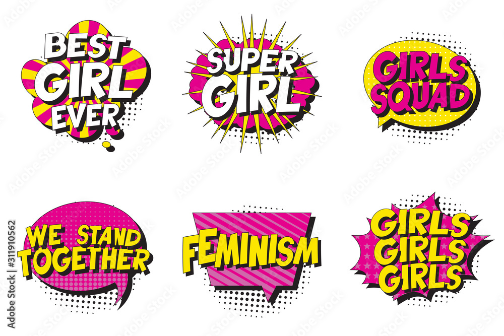 set of feminist slogans in retro pop art style in comics speech bubbles ...