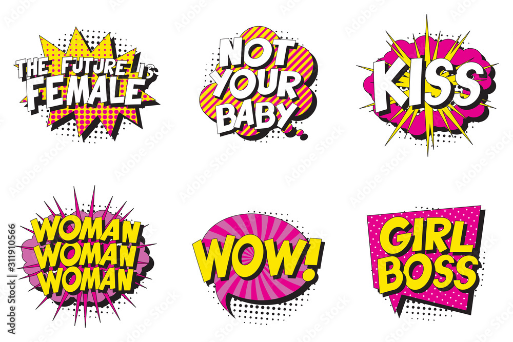 set of feminist slogans in retro pop art style in comics speech bubbles ...