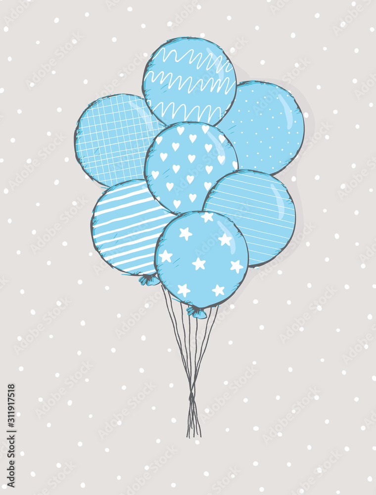 Cute Hand Drawn Blue Balloons Vector Illustration. Round Shape Blue ...