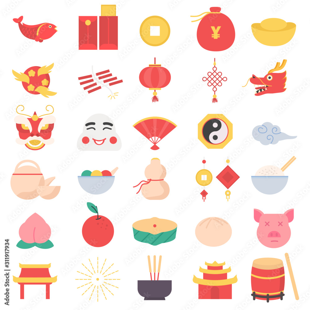 Chinese new year icon symbol flat vector illustration set with red ...