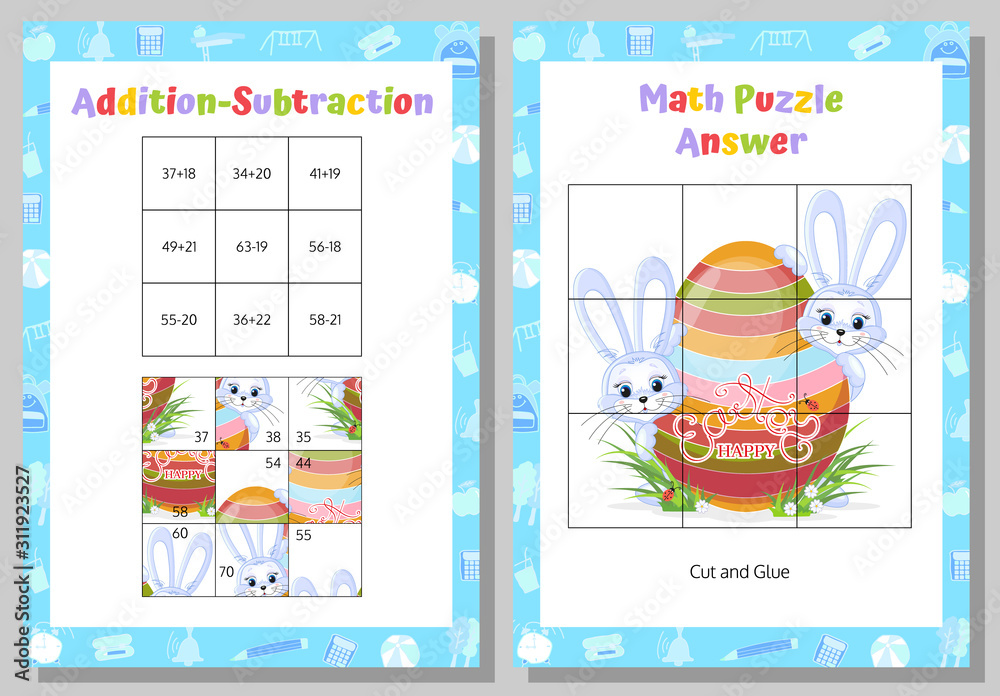 Addition, Subtraction Math Puzzle Worksheet. Educational Game ...