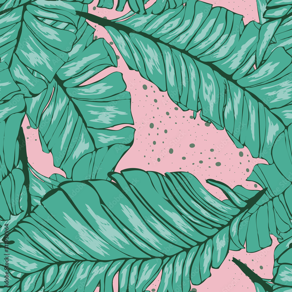 Banana leaf vector seamless pattern. Tropical background with leaves ...