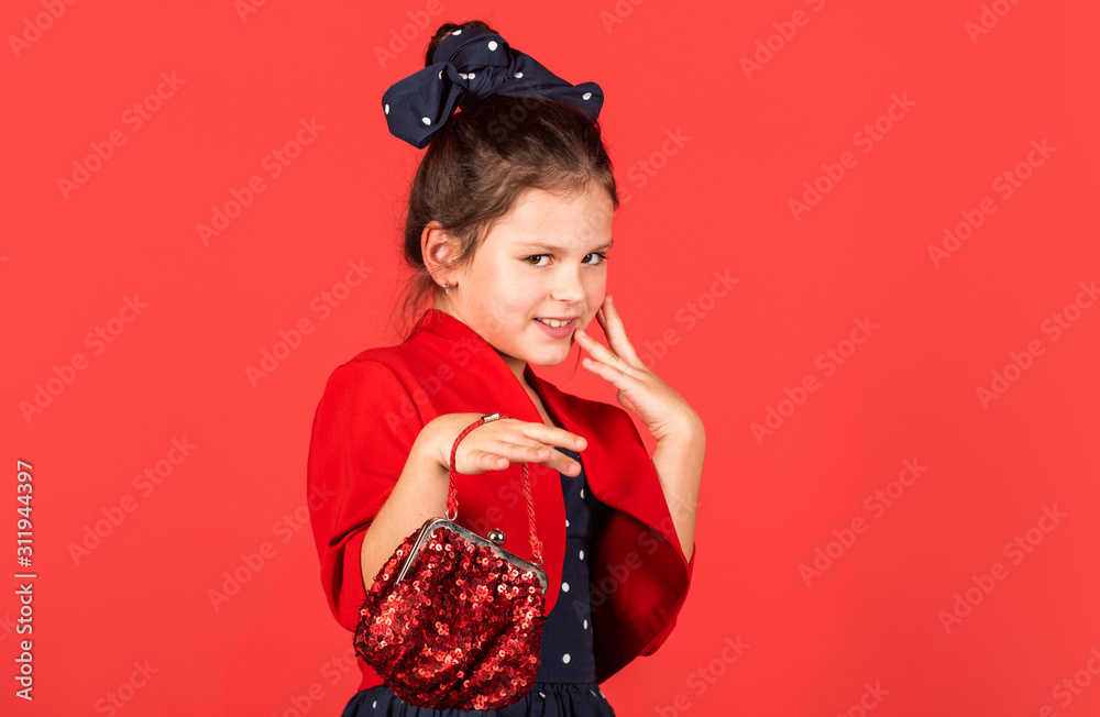 So rich in grace. Rich little girl. Small child carry money bag. Kids ...