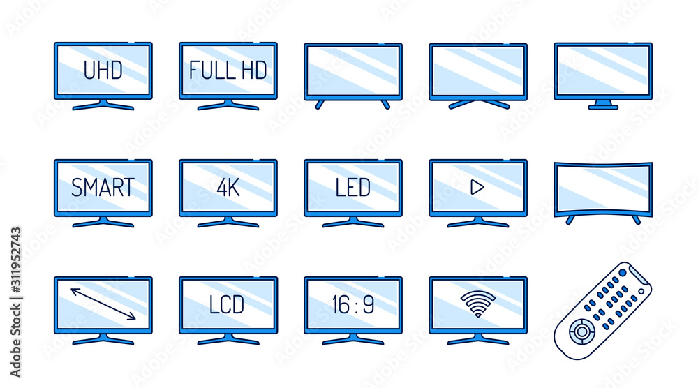 TV color line icons set. Receive broadcasting signals and change them ...