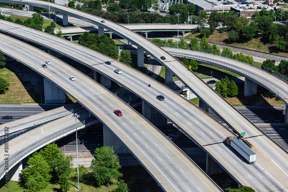Aerial view of freeway interchange bridges and ramps on interstate 20 ...