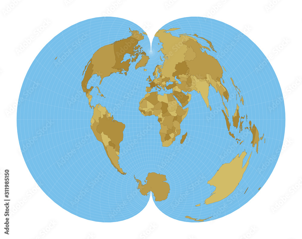World Map American Polyconic Projection Map Of The World With Meridians On Blue Background