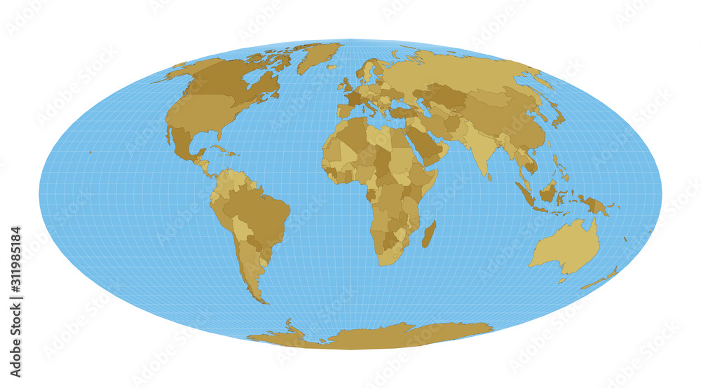 World Map. Equal-area, pseudocylindrical Mollweide projection. Map of ...