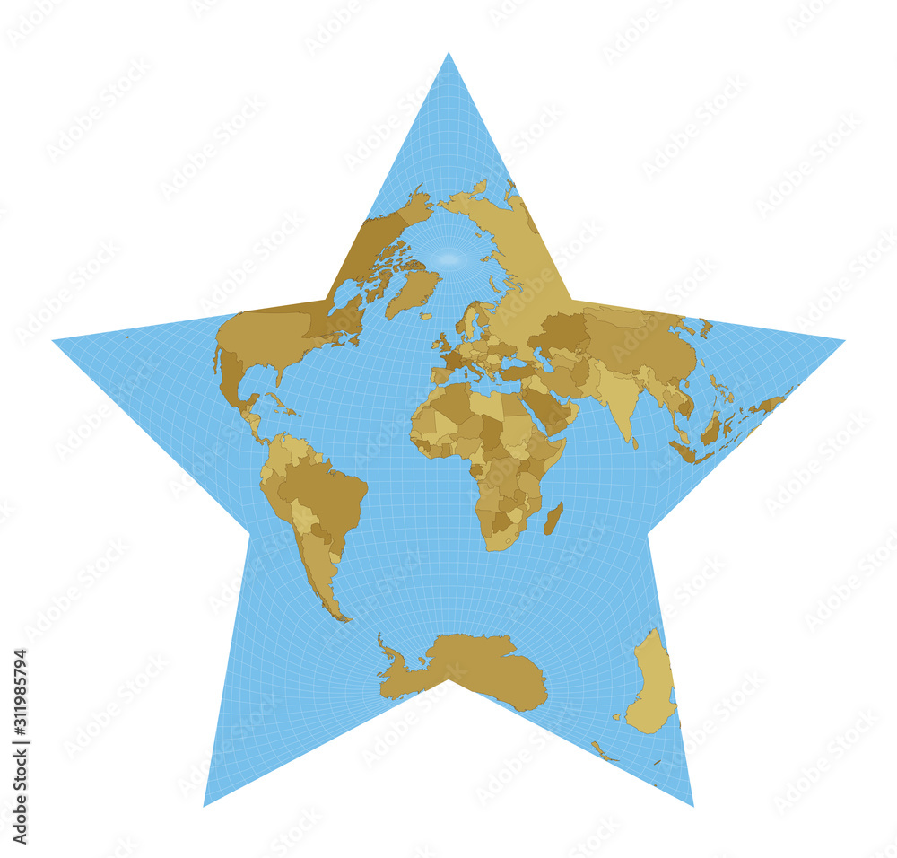World Map Berghaus Star Projection Map Of The World With Meridians On Blue Background Vector