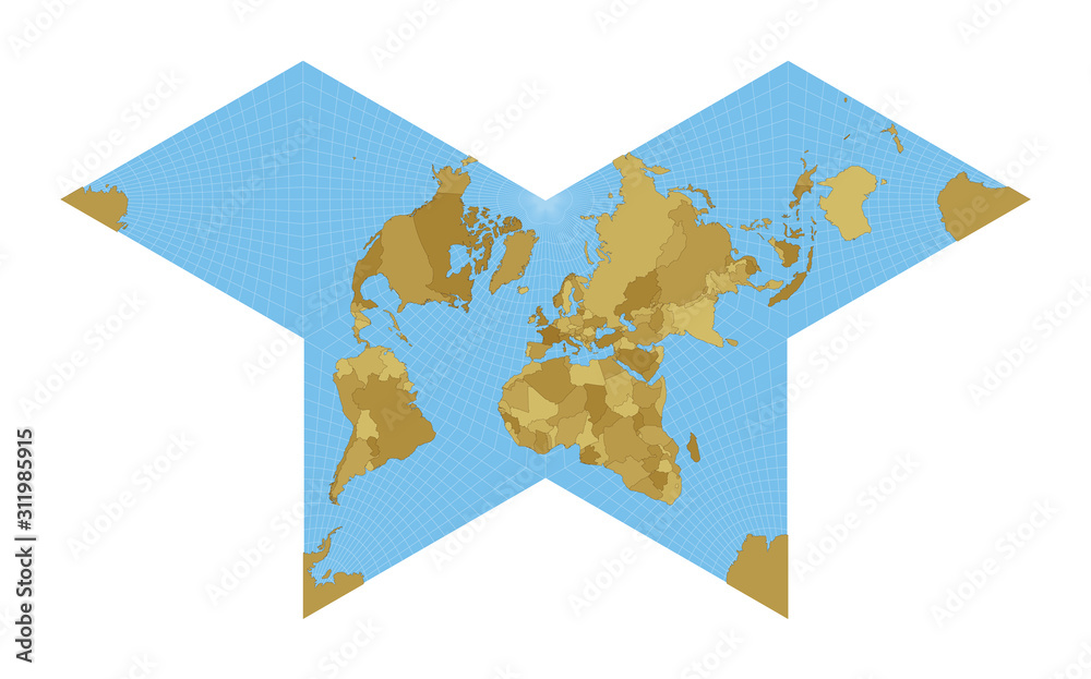 World Map. Gnomonic butterfly projection. Map of the world with ...