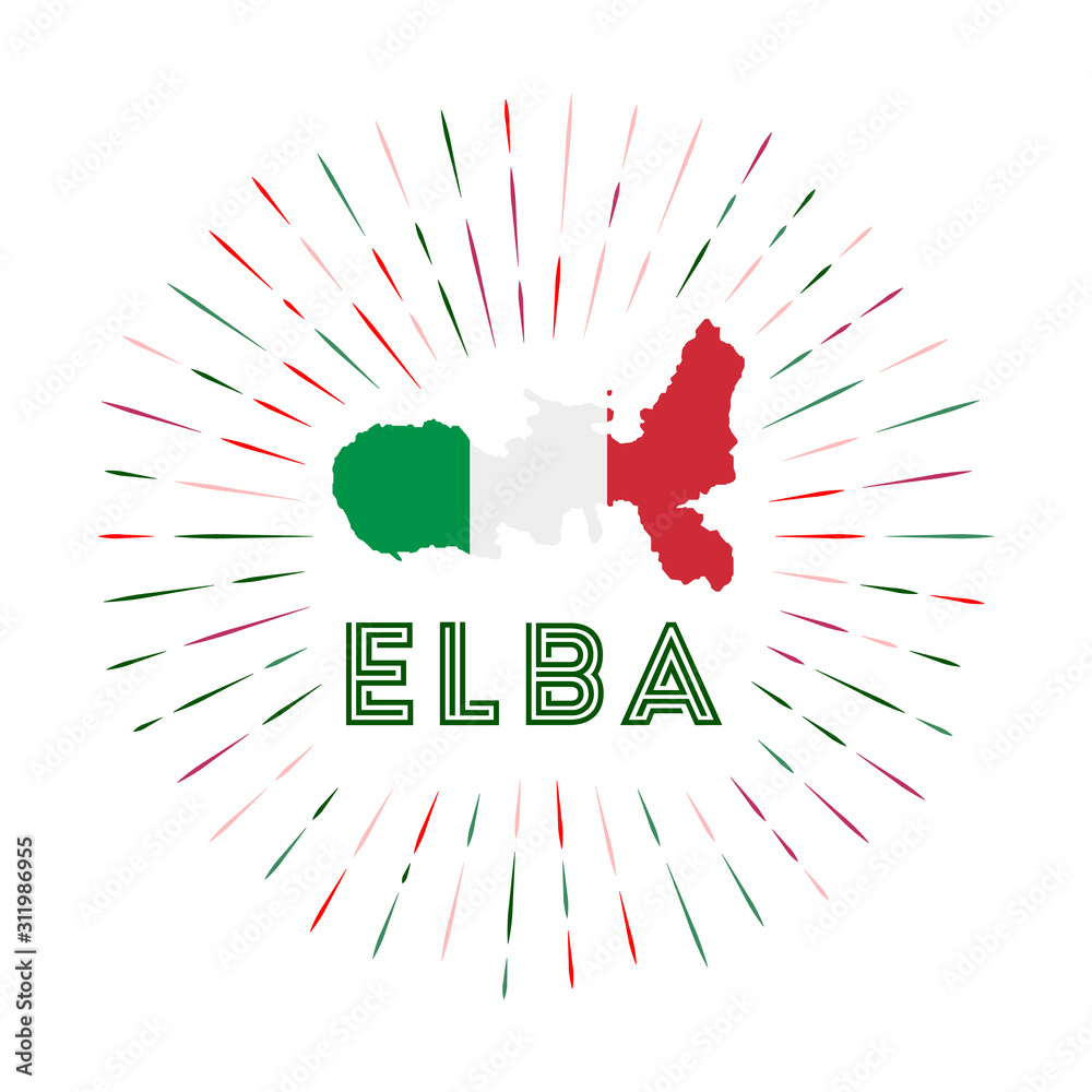 Elba sunburst badge. The island sign with map of Elba with Italian flag ...
